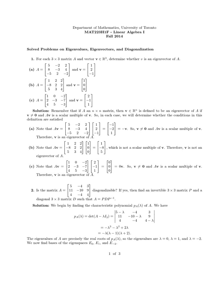 MAT223 Solved Problems On Eigenvalues, Eigenvectors, and Diagonalization PDF | PDF | Eigenvalues ...