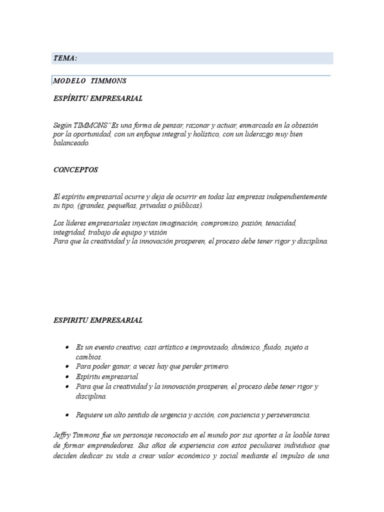 Modelo Timmons | PDF | Iniciativa empresarial | Liderazgo
