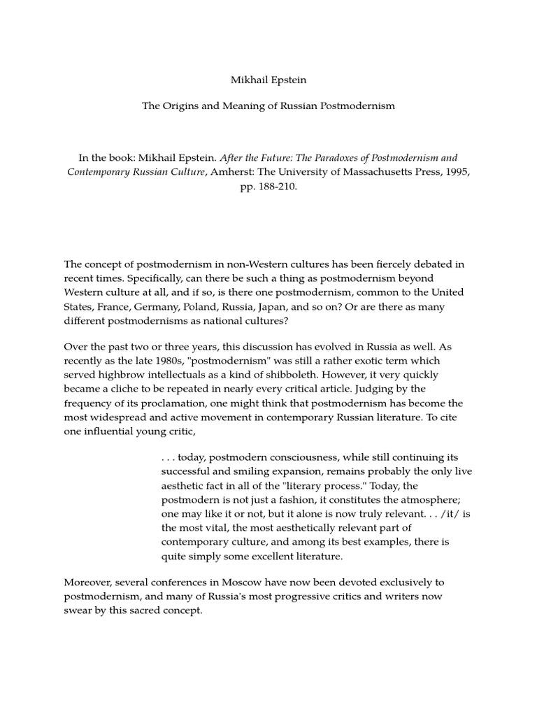 Epstein Mikhail - The Origins and Meaning of Russian Postmodernism ...