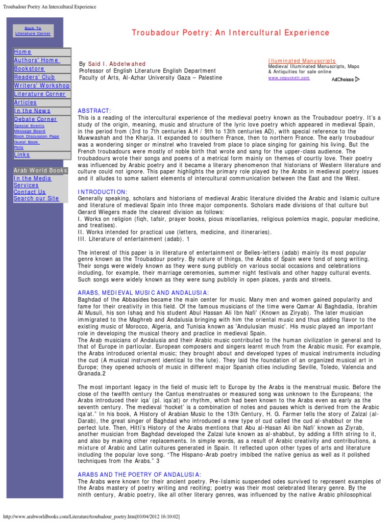 Troubadour Poetry An Intercultural Experience | PDF | Poetry | Rhyme