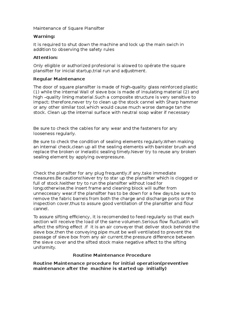 Maintenance of Square Plansifter | PDF | Bearing (Mechanical) | Belt ...
