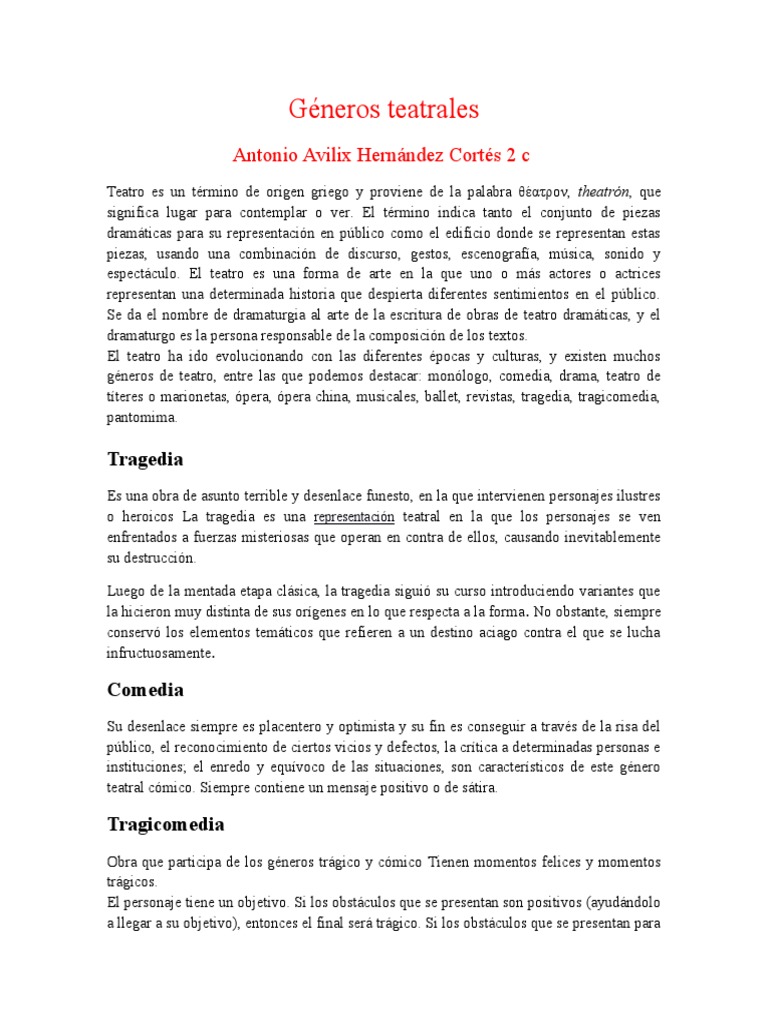 Tipos de géneros teatrales explicados | PDF | Teatro | Comedia