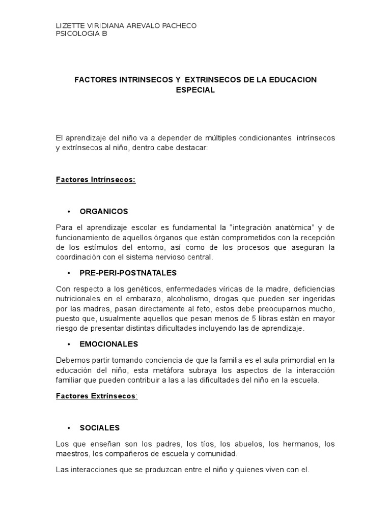 Factores Intrinsecos y Extrinsecos de La Educacion Especial | PDF