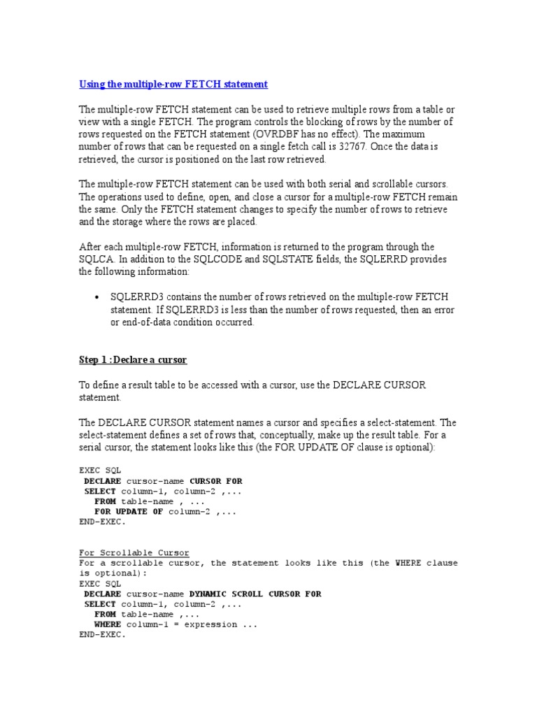 Using The Multiple-Row FETCH Statement: Step 1:declare A Cursor | Download Free PDF | Sql | Data ...