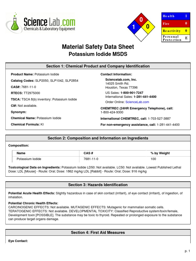 Msds Kalium Iodida (Ki) | PDF | Toxicity | Iodine