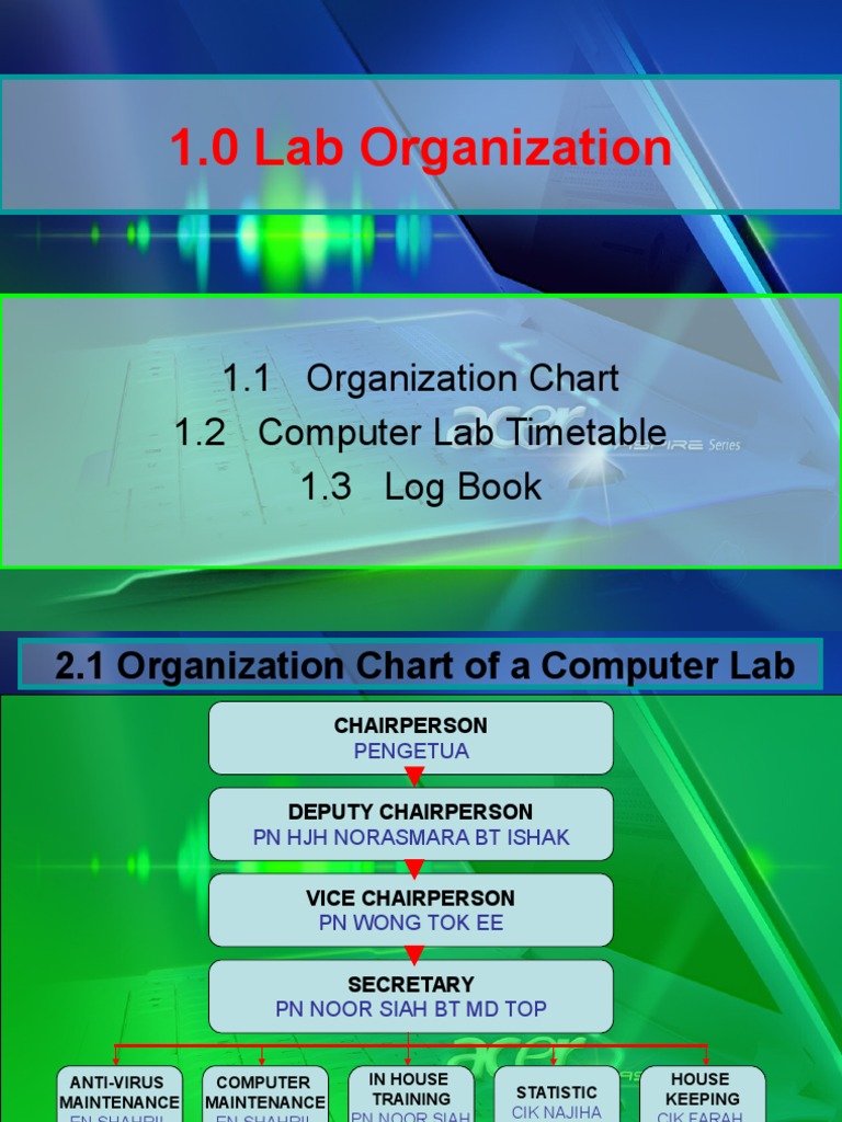 1.1 Organization Chart 1.2 Computer Lab Timetable 1.3 Log Book | PDF | Computers