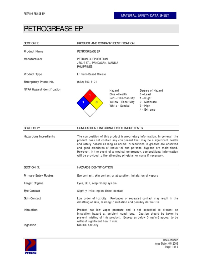 MSDS Petrogrease EP | PDF | Hypothermia | Toxicity