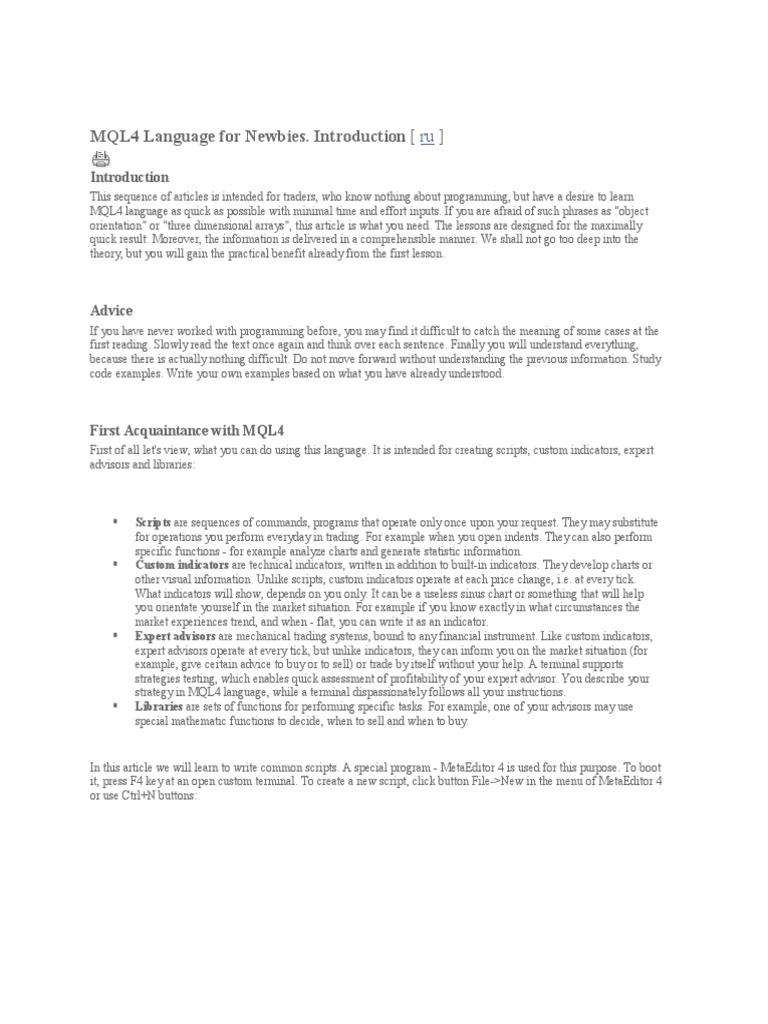 MQL4 Language For Newbies PDF | PDF | Array Data Structure | Subroutine