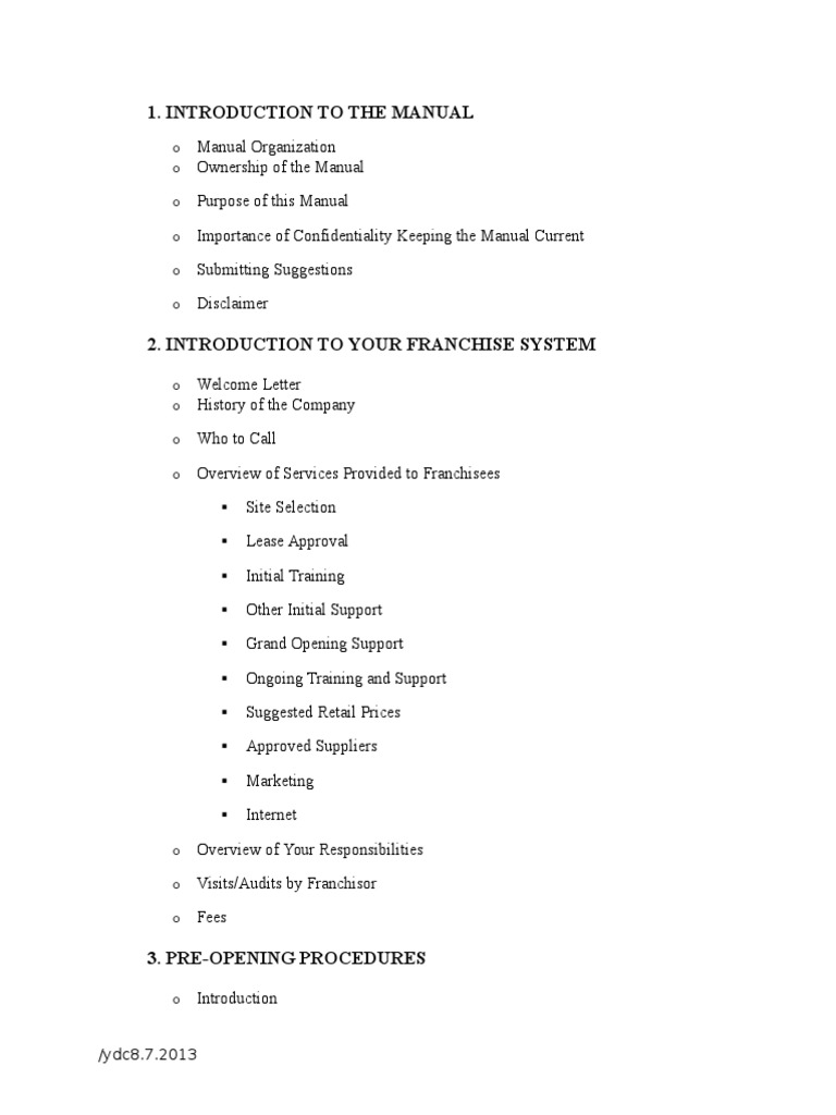Franchise Operations Manual Overview | PDF | Franchising | Employment