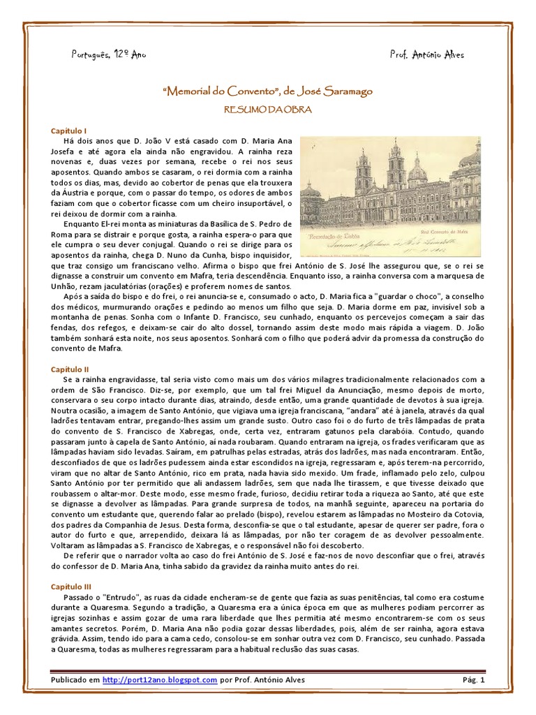 Memorial Do Convento - Resumo Da Obra Por Capítulos (Blog12 12-13) PDF ...