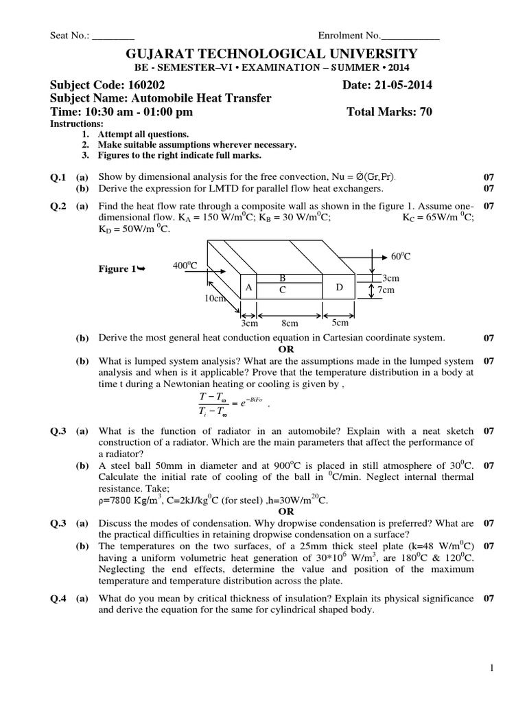 GTU BE Semester VI Automobile Heat Transfer Exam 2014 Question Paper ...