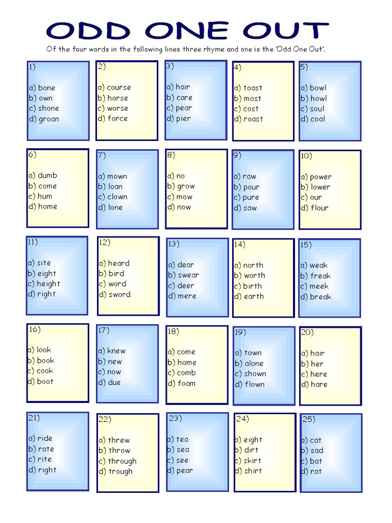 Rhyme Identification: Odd One Out Quiz | PDF | Young Adult