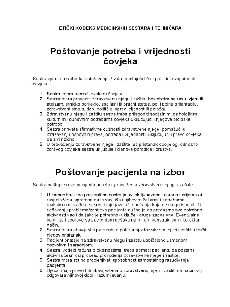 Eticki Kodeks Medicinskih Sestara I Tehnicar | PDF