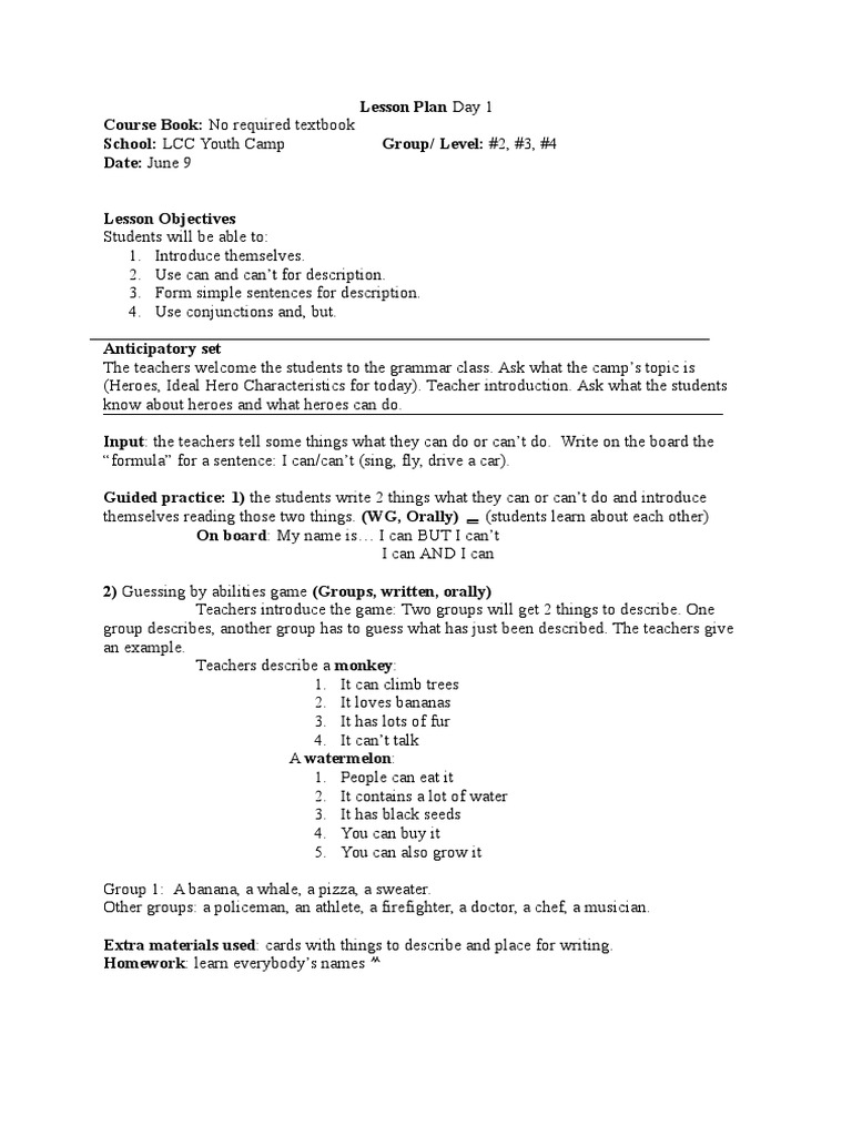 Summer Camp English Lesson Plans | PDF | Lesson Plan | Question