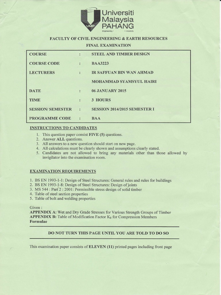 Steel and Timber Design Exam Paper | PDF | Bending | Beam (Structure)