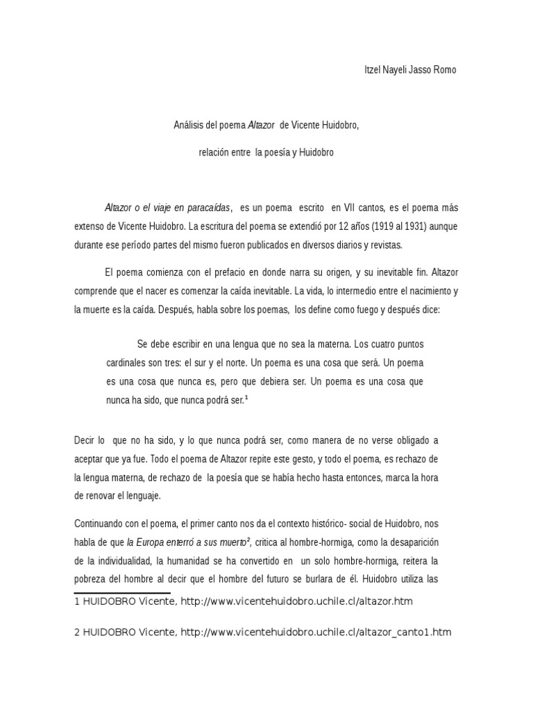 Analisis Del Poema Altazor de Vicente Huidobro | PDF
