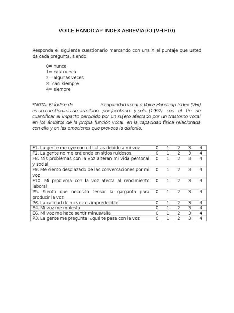 Cuestionario VHI-10: Índice de Discapacidad Vocal | PDF | Estudios de ...