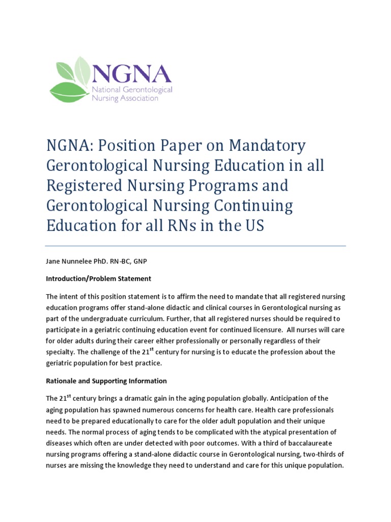NGNA PositionPaperMandatoryGerontologicalNursingEducation | PDF ...