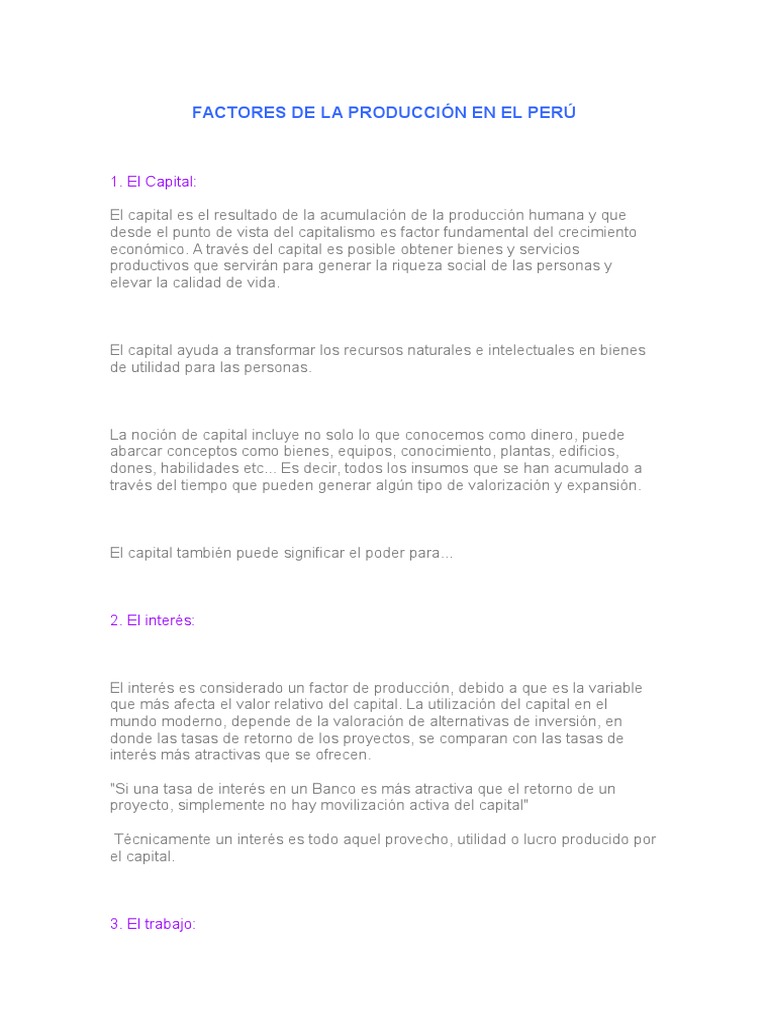 Factores de La Produccion en El Peru | PDF | Oferta (economía ...