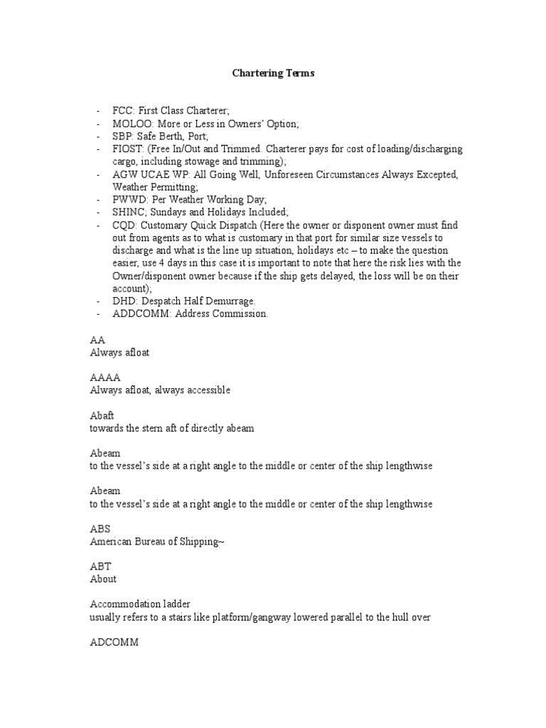 Chartering Terms | PDF | Tonnage | Cargo