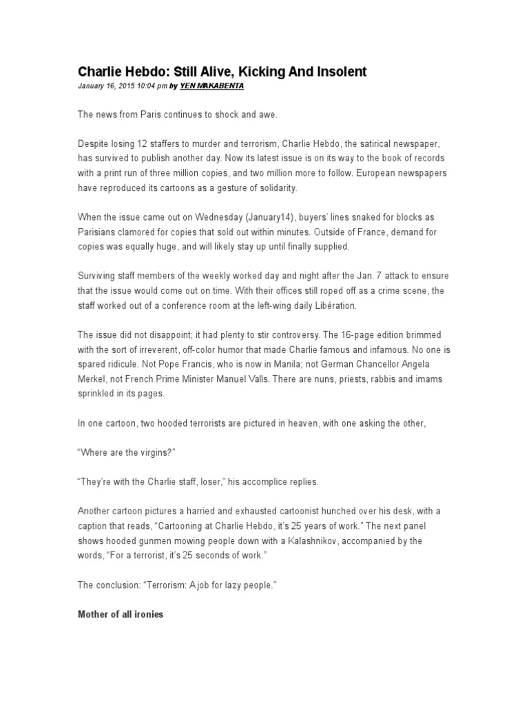 Charlie Hebdo: Still Alive, Kicking and Insolent: January 16, 2015 10: ...