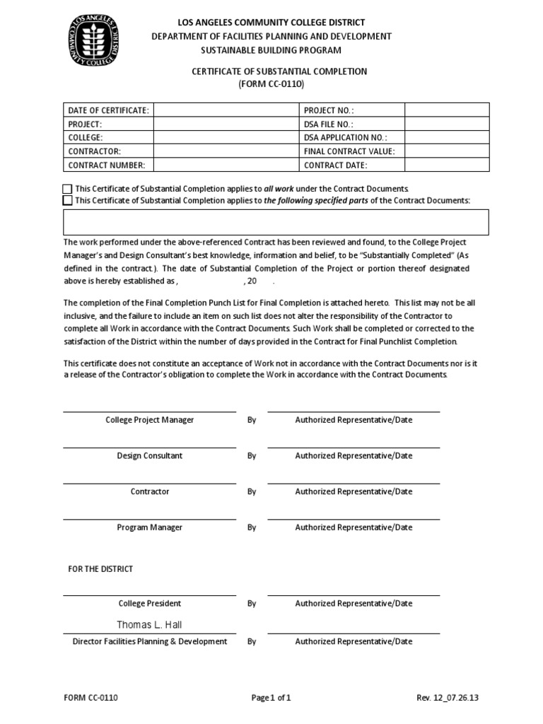 CC-0110 Certificate of Substantial Completion | PDF | Technology & Engineering
