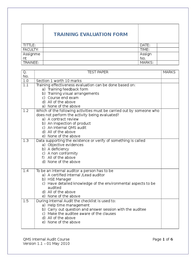 QMS Internal Auditor Final Course End Exam | PDF | Internal Audit | Audit