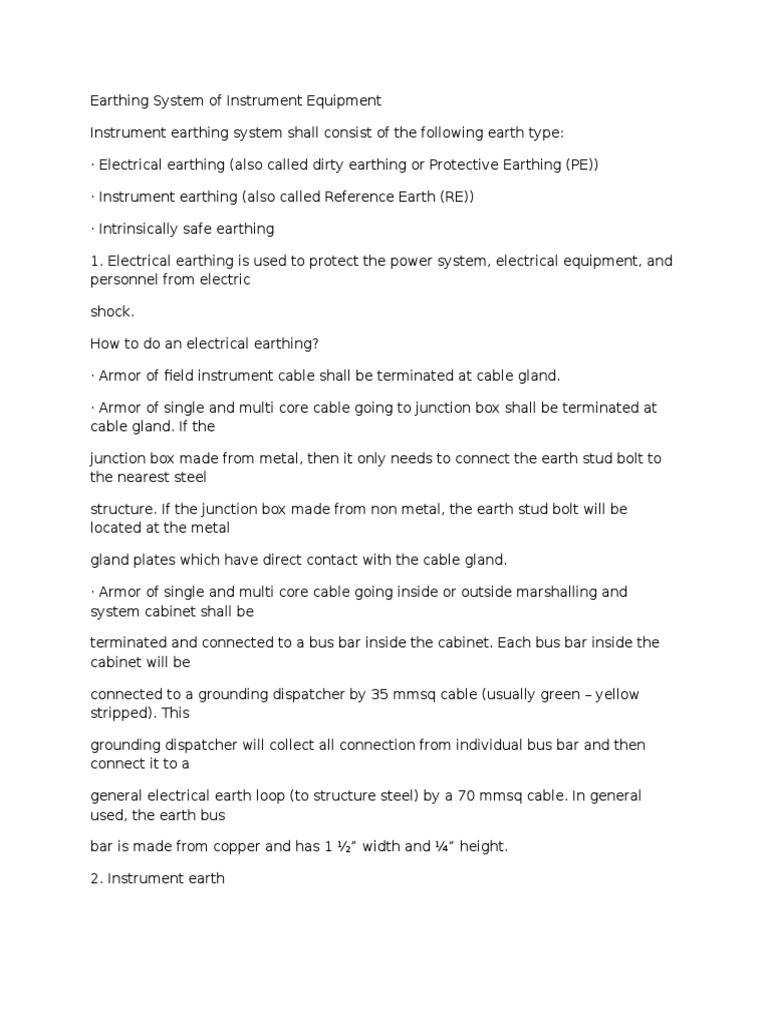 Earthing System of Instrument Equipment | PDF | Cable | Electrical ...