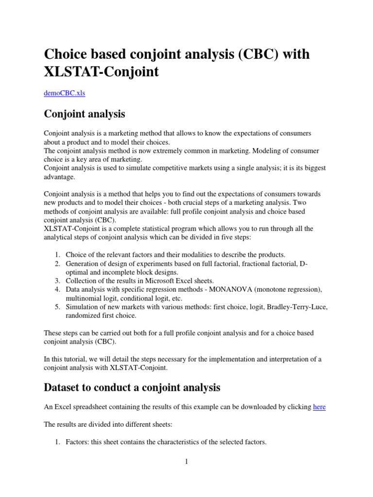 Choice Based Conjoint Analysis (CBC) With XLSTAT-Conjoint | Download Free PDF | Microsoft Excel ...