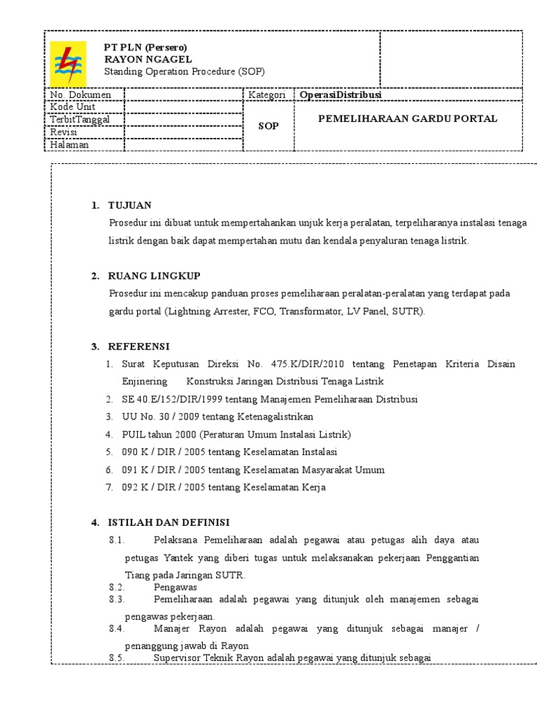 Sop Pemeliharaan Gardu Portal Kelompok IV | PDF