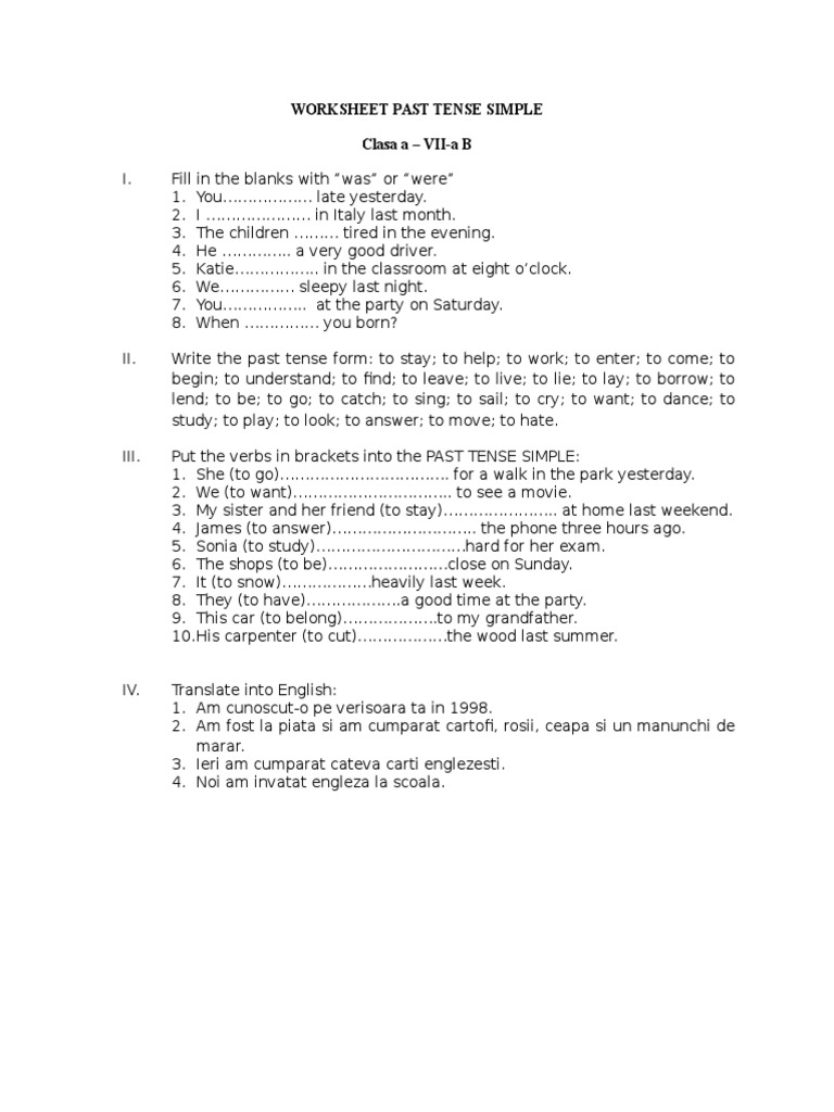 Past Tense Simple Worksheet for Grade 7 | PDF | Language Arts ...