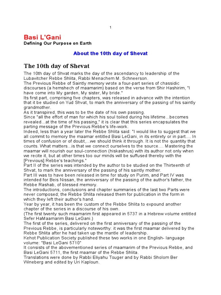 Basi L'Gani: The 10th Day of Shevat | PDF