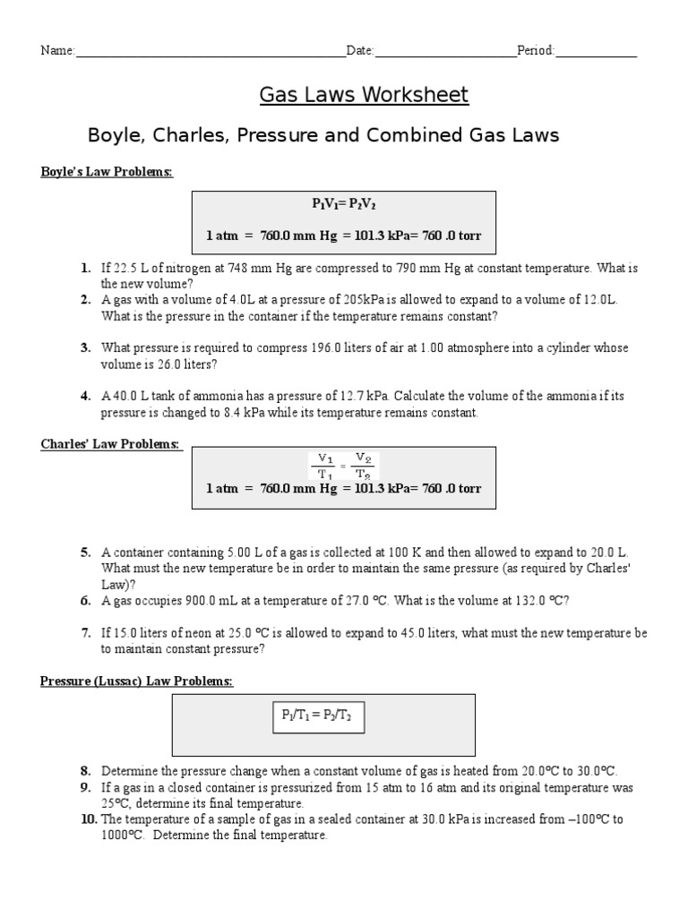 Gas Laws Worksheet #2 Boyles Charles and Combined | PDF | Gases | Pressure