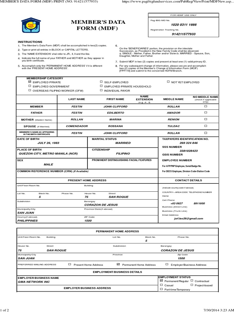 Member's Data Form (MDF) Print (No. 914211577933) | PDF | Metro Manila ...