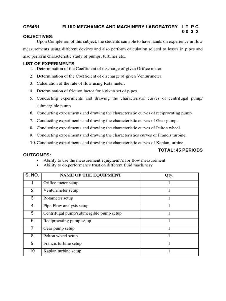 Fluid Mechanics Laboratory Experiments | PDF
