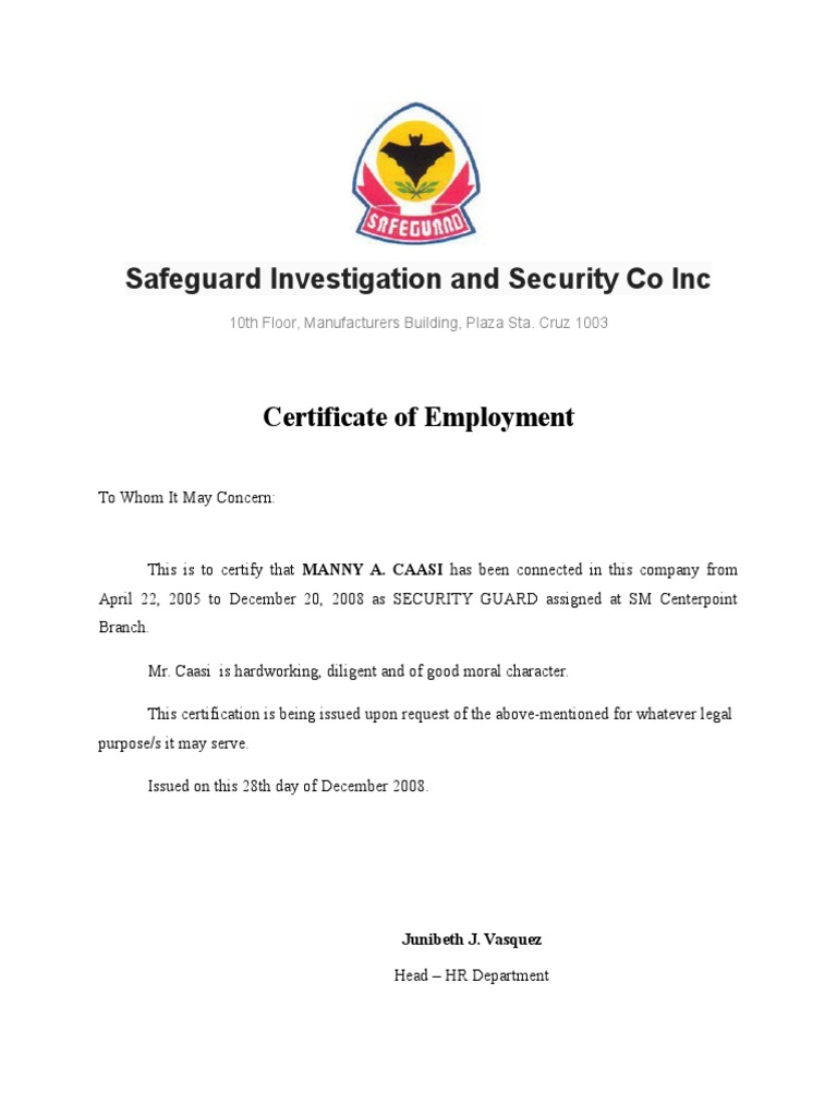 Safeguard Investigation and Security Co Inc: Certificate of Employment ...