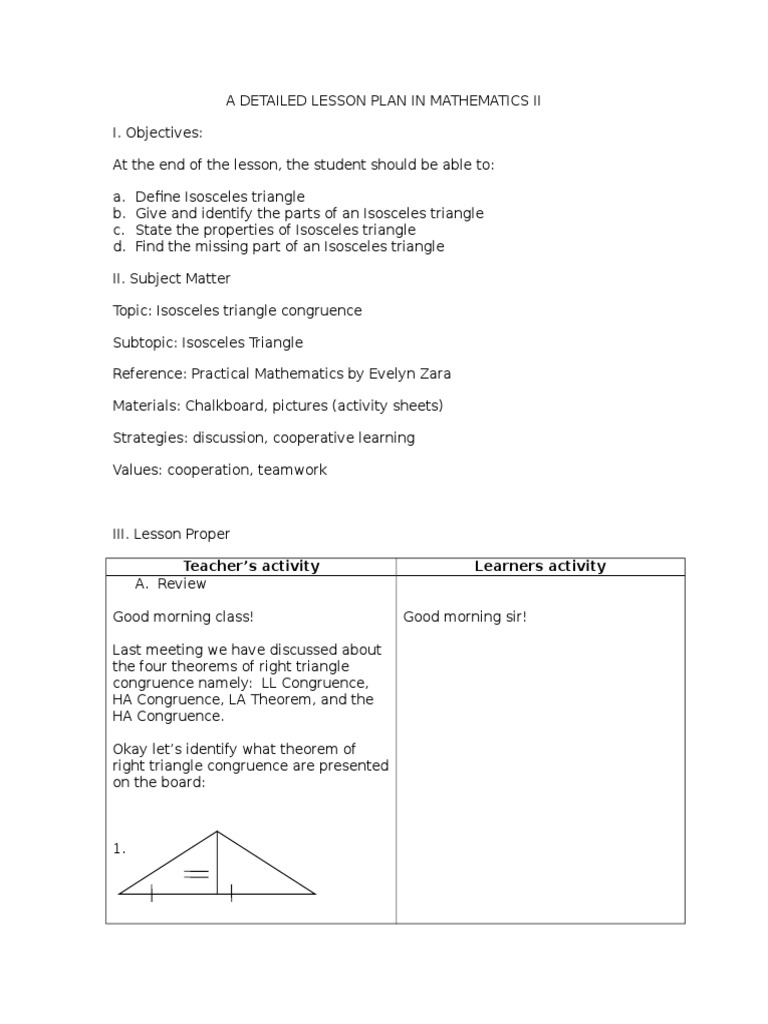 A Detailed Lesson Plan in Mathematics II-Isosceles Triangle | PDF ...