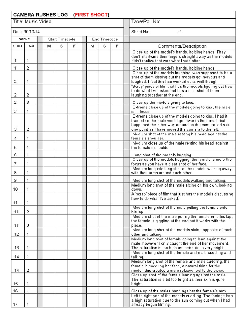 Camera Rushes Log First Shoot | PDF | Camera | Leisure