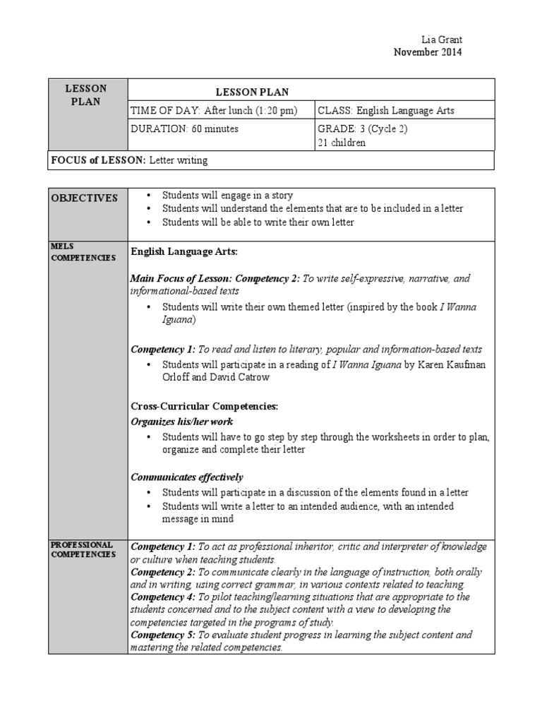 Edfe 3 - I Wanna Iguana Lesson Plan - Lia | PDF | Lesson Plan ...