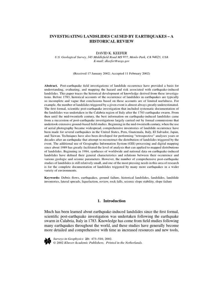 Keefer 2002, Landslides Caused by Earthquakes A Historical Review | PDF ...