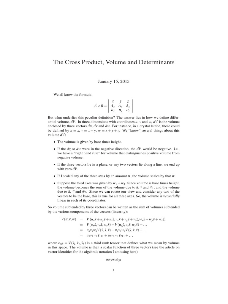 The Cross Product, Volume and Determinants: January 15, 2015 | PDF | Vector Space | Determinant