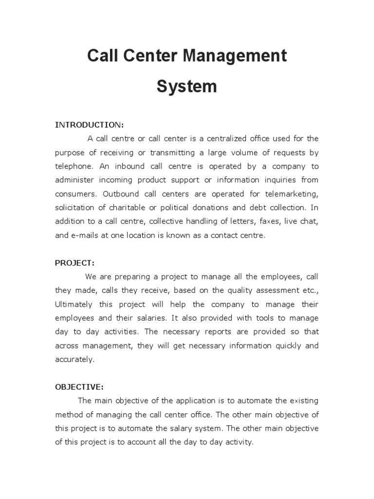 Synopsis Call Center Management System | PDF | Call Centre | Newspapers