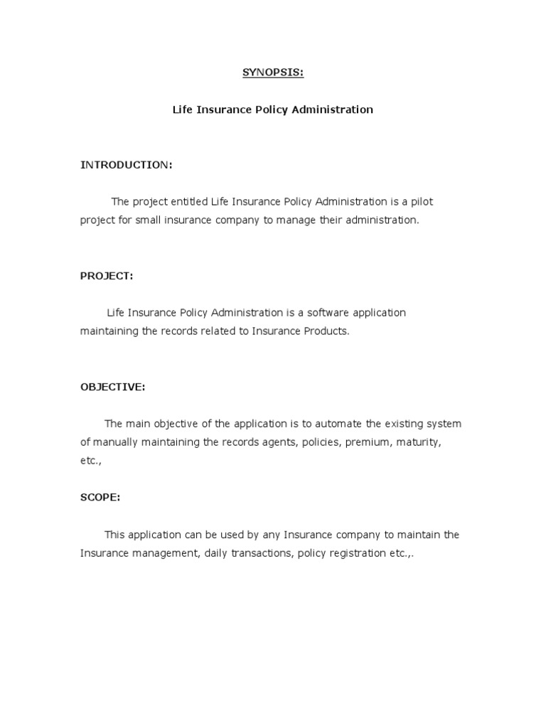 Synopsis Life Insurance Policy Management | PDF | Newspapers | Insurance
