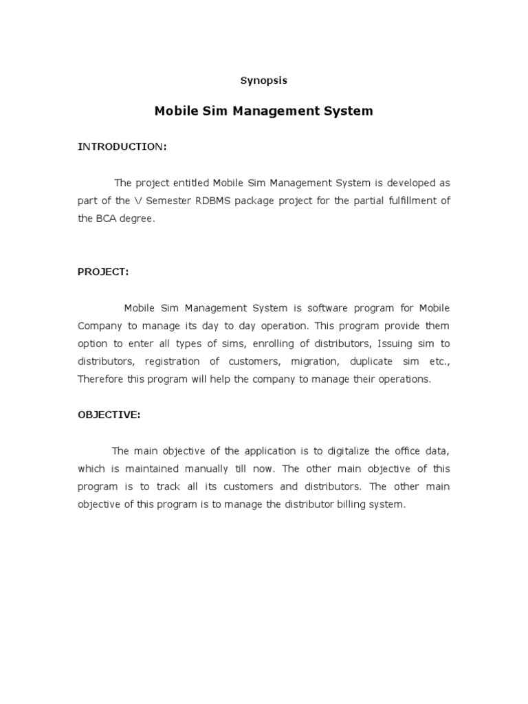 Synopsis Mobile Sim Management System | PDF | Newspapers | Microsoft ...