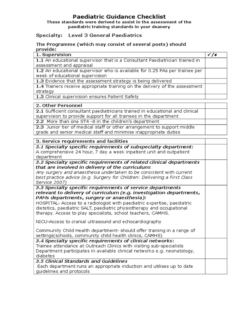 Paediatric Guidance Checklist: Specialty: Level 3 General Paediatrics ...