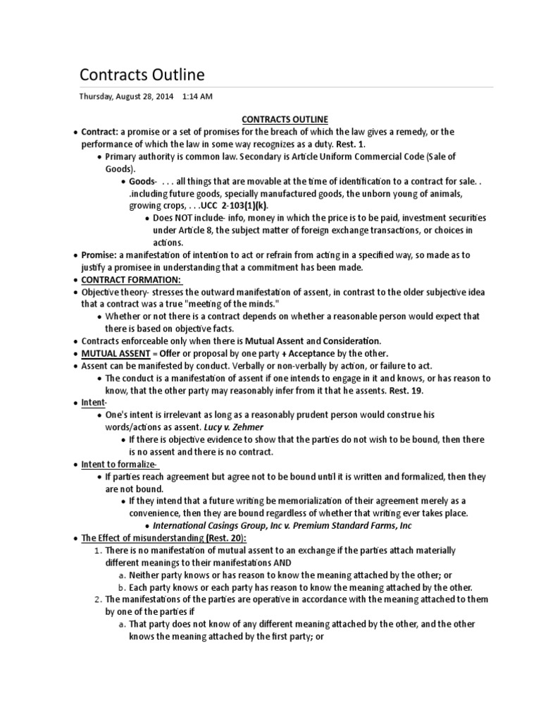 Law School Contracts Outline | PDF | Offer And Acceptance | Consideration