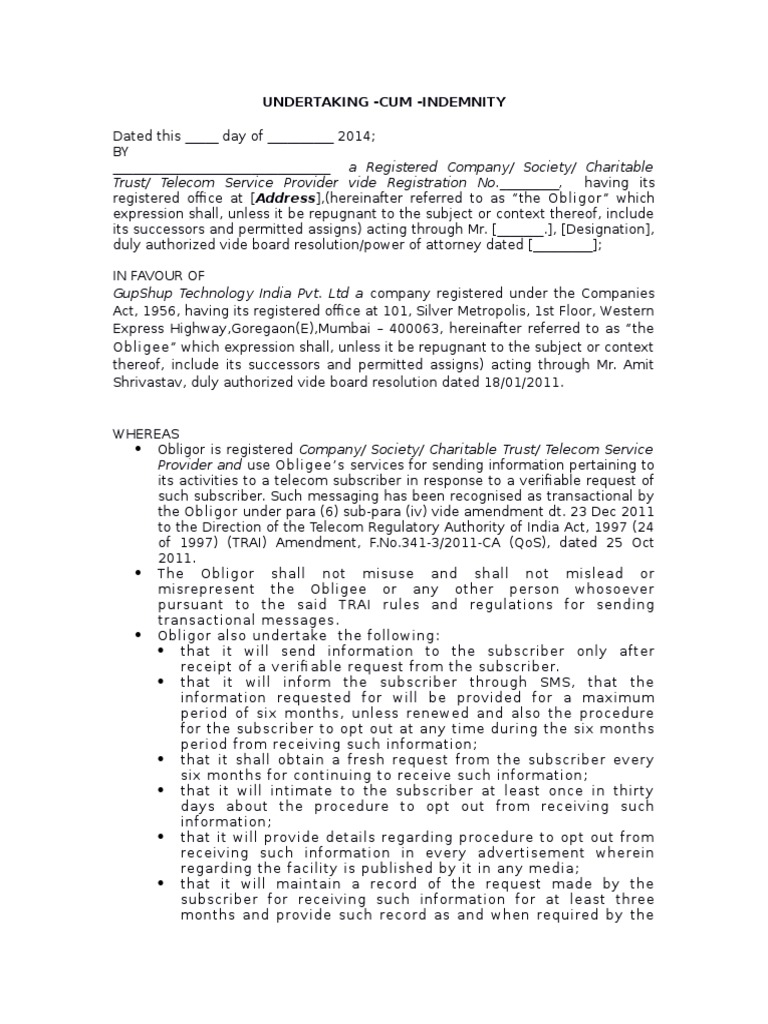 Agreement For Transactional Sms | PDF | Indemnity | Short Message Service
