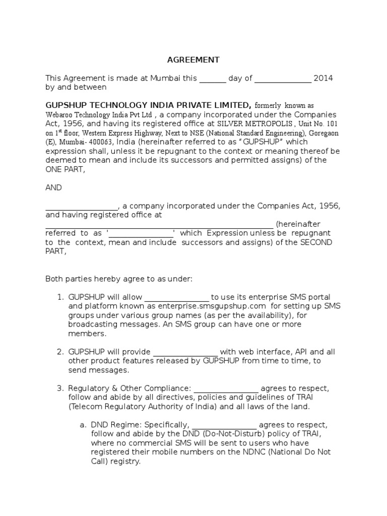 Aggregator Agreement Format | Short Message Service | Arbitration