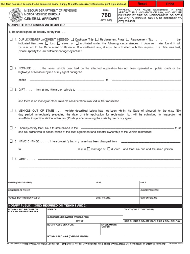 Missouri General Affidavit Form 768 | PDF