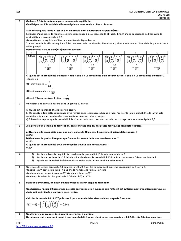 1es Loi Binomiale Exercices Corrige PDF | PDF | Probabilité | Dé